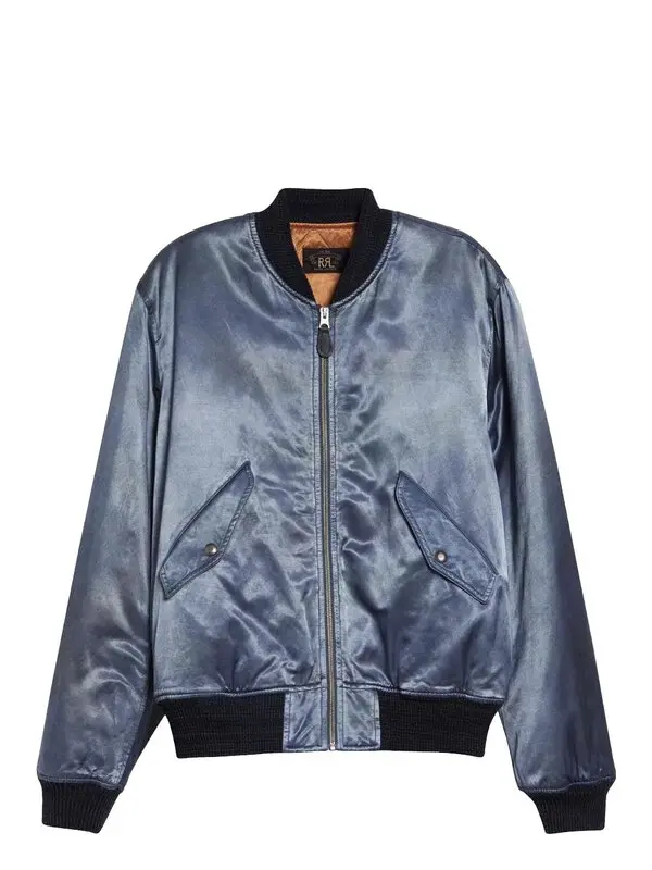 Double Rl Quilted Embroidered Satin Flight Jacket - Vintage Blue