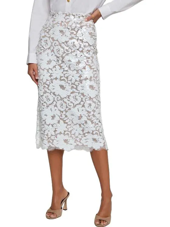 L'Agence Makena Sequin Lace Midi Skirt - White