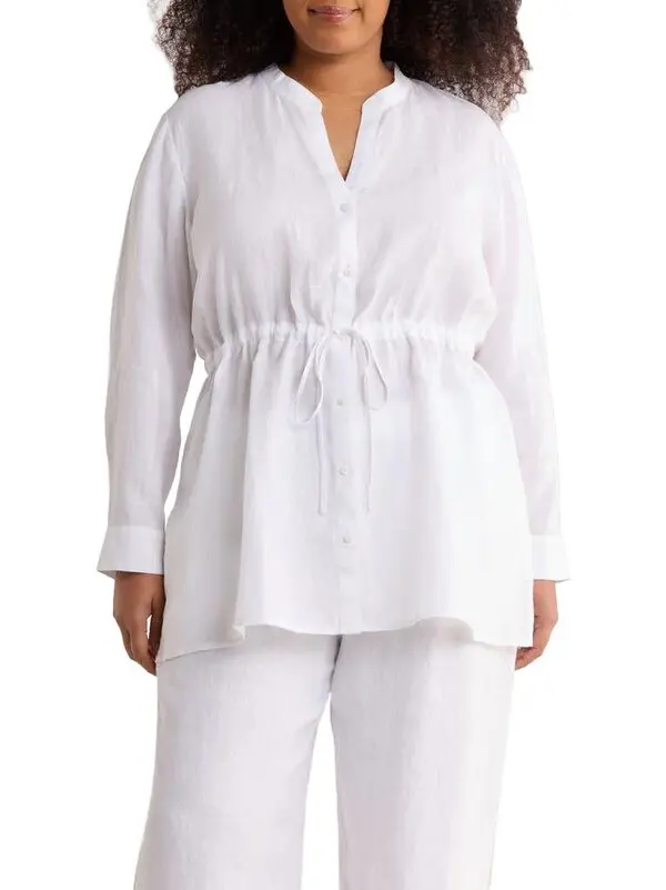 Eileen Fisher Split Neck Organic Linen Long Shirt - White