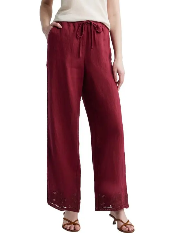 Rails Emmie Embroidered Linen Drawstring Pants - Berry Hibiscus Embroidery