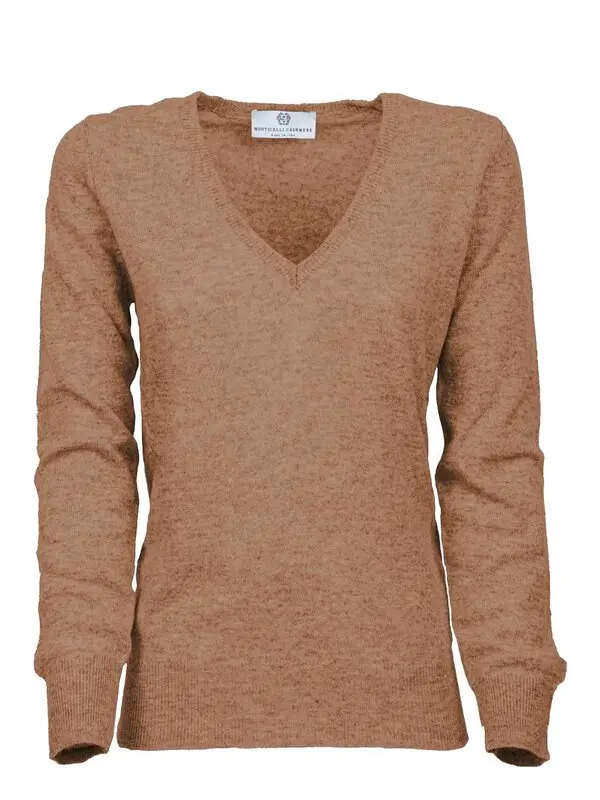 MONTICELLI CASHMERE Pure Cashmere Essential V-neck Sweater - Camel