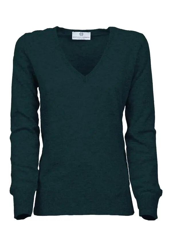 MONTICELLI CASHMERE Pure Cashmere Essential V-neck Sweater - Forest Green