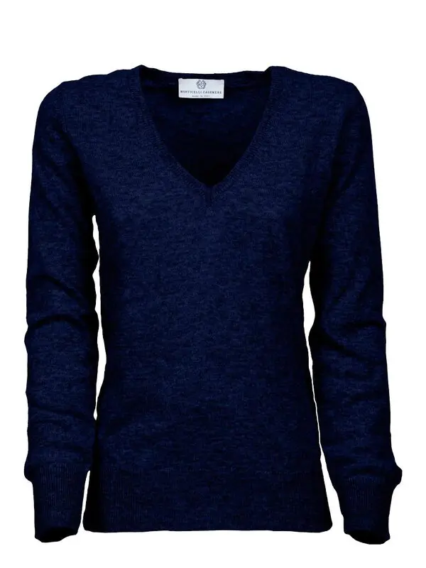 MONTICELLI CASHMERE Pure Cashmere Essential V-neck Sweater - Melange Blue