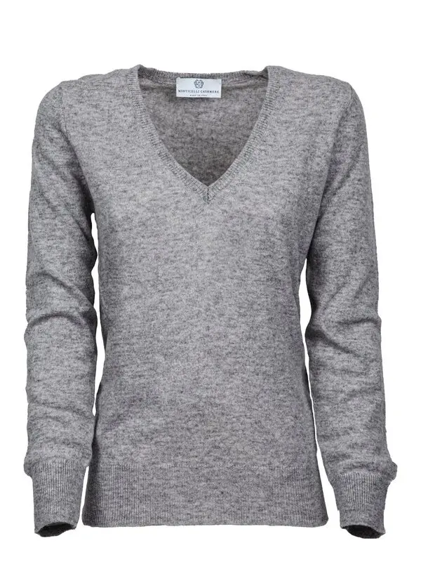MONTICELLI CASHMERE Pure Cashmere Essential V-neck Sweater - Melange Gray