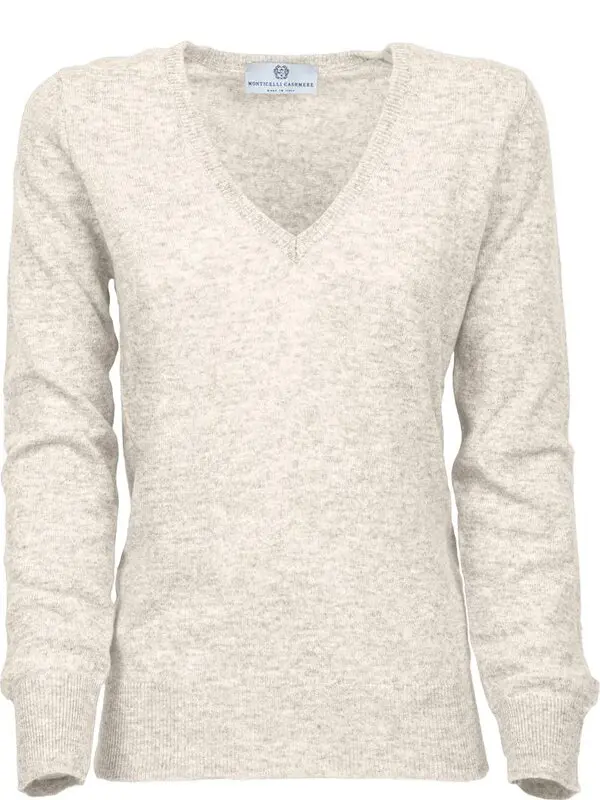 MONTICELLI CASHMERE Pure Cashmere Essential V-neck Sweater - Milk White