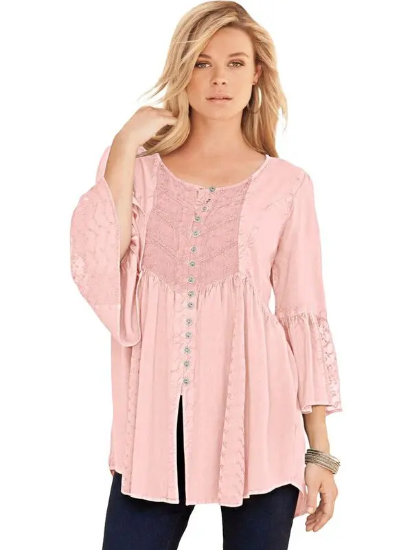 Roaman's Embroidered Acid Wash Tunic Shirt - Soft Blush