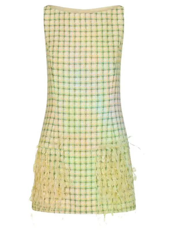 Oscar De La Renta Checked Tweed Feather Embroidery Mini Dress - Neutrals