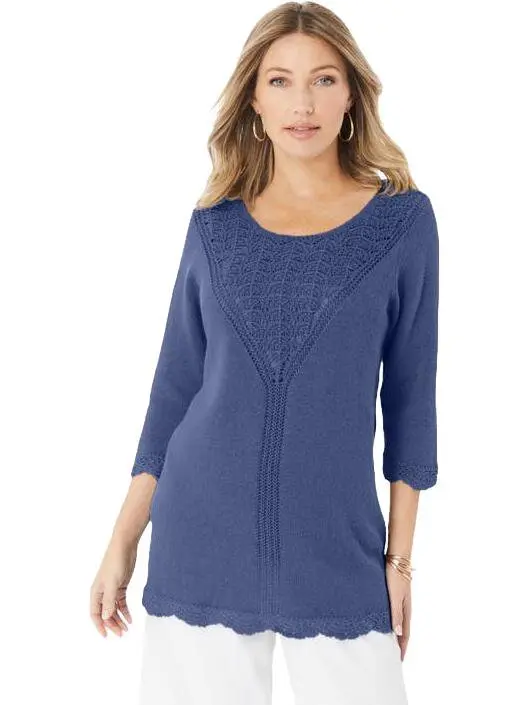 ROAMAN'S Lace Knit Pullover Sweater - Dark Blue