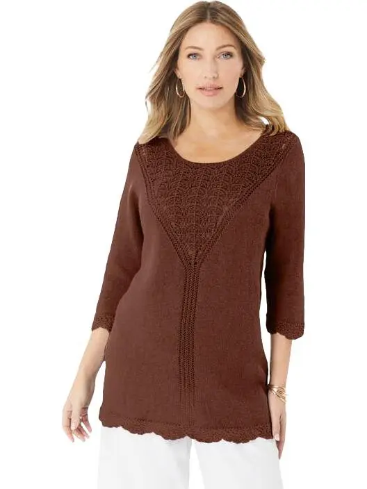 ROAMAN'S Lace Knit Pullover Sweater - Rich Brown