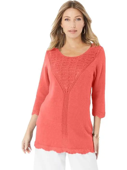 ROAMAN'S Lace Knit Pullover Sweater - Sunset Coral