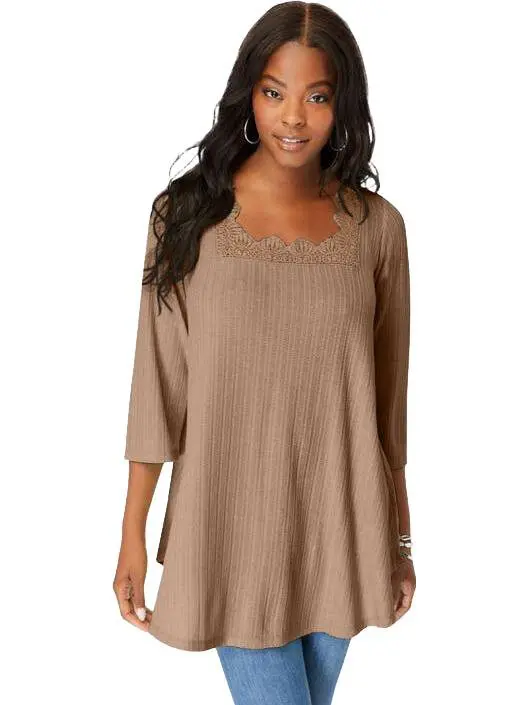 ROAMAN'S Squareneck Pointelle Top - Brown Sugar