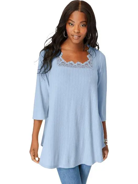 ROAMAN'S Squareneck Pointelle Top - Pale Blue