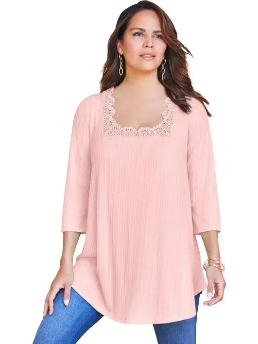 ROAMAN'S Squareneck Pointelle Top - Soft Blush