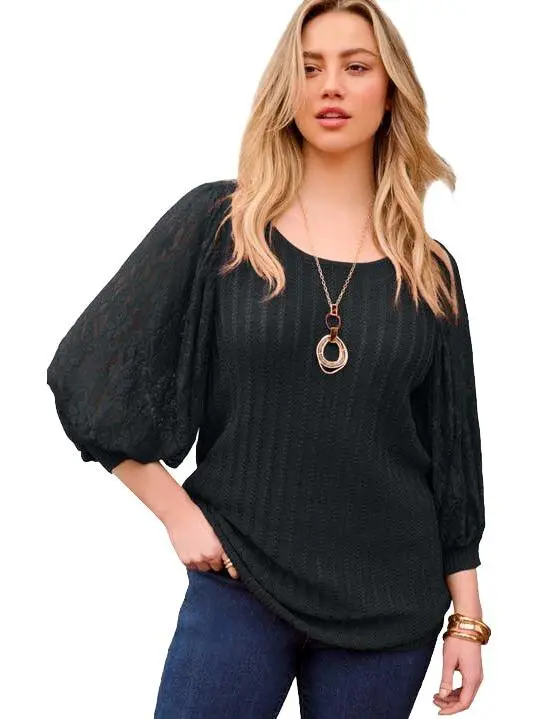 Roaman's Lace Sleeve Sweater - Black