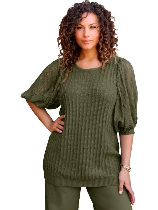 ROAMAN'S Lace Sleeve U-neck Sweater - Dark Olive Green