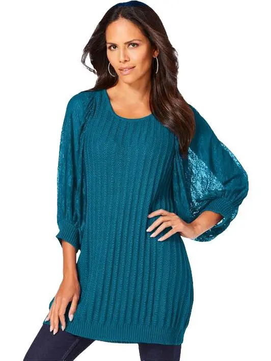 Roaman's Lace Sleeve Sweater - Deep Teal