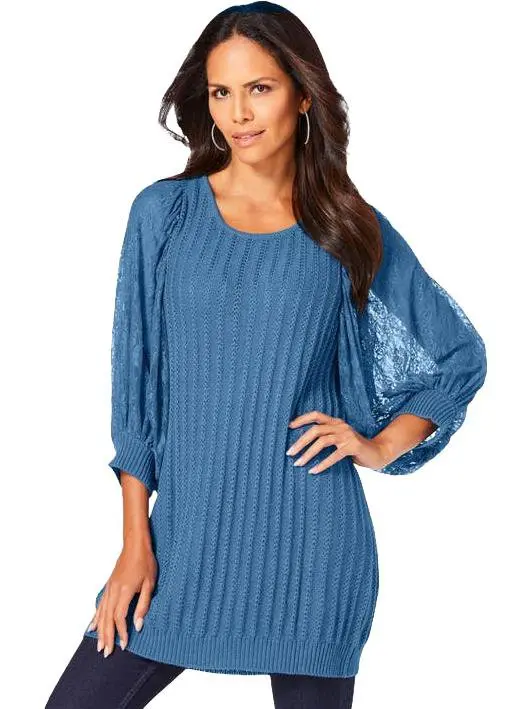 ROAMAN'S Lace Sleeve U-neck Sweater - Dusty Indigo