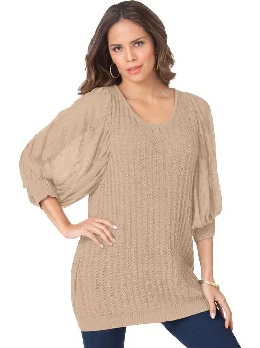 ROAMAN'S Lace Sleeve U-neck Sweater - New Khaki