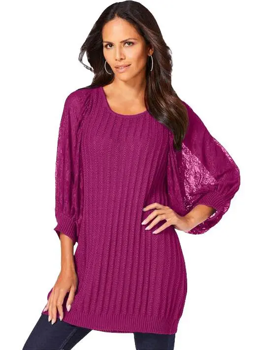 ROAMAN'S Lace Sleeve U-neck Sweater - Raspberry