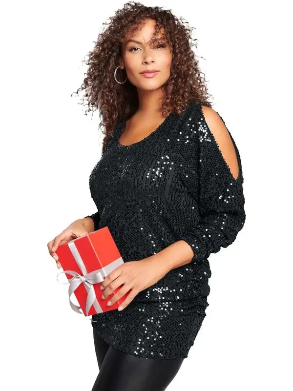ROAMAN'S Sequin Cold-shoulder Tunic - Black