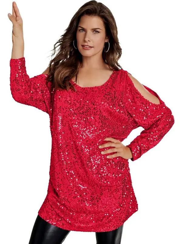 ROAMAN'S Sequin Cold-shoulder Tunic - Vivid Red