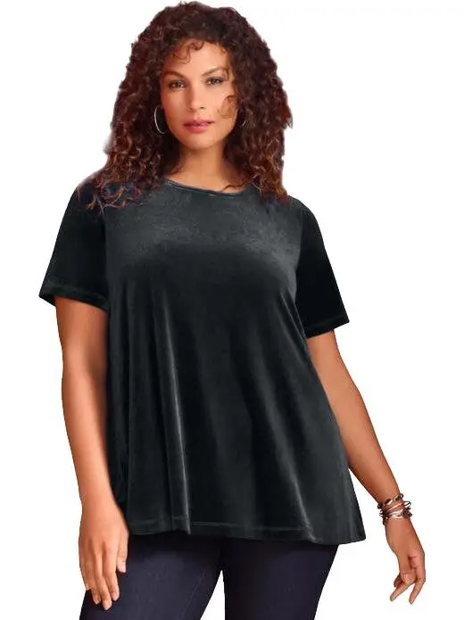 Roaman's Velour Swing Tee With Keyhole Detail - Black