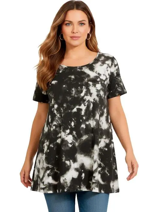 ROAMAN'S Cotton Ultimate Scoopneck Swing Tunic - Black Acid Tie Dye