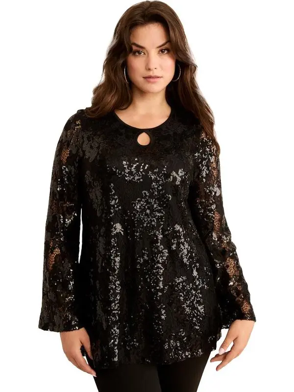 Roaman's Sequined Keyhole Blouse - Black