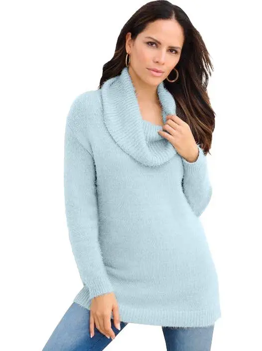 ROAMAN'S Eyelash Cowl Neck Sweater - Pale Blue