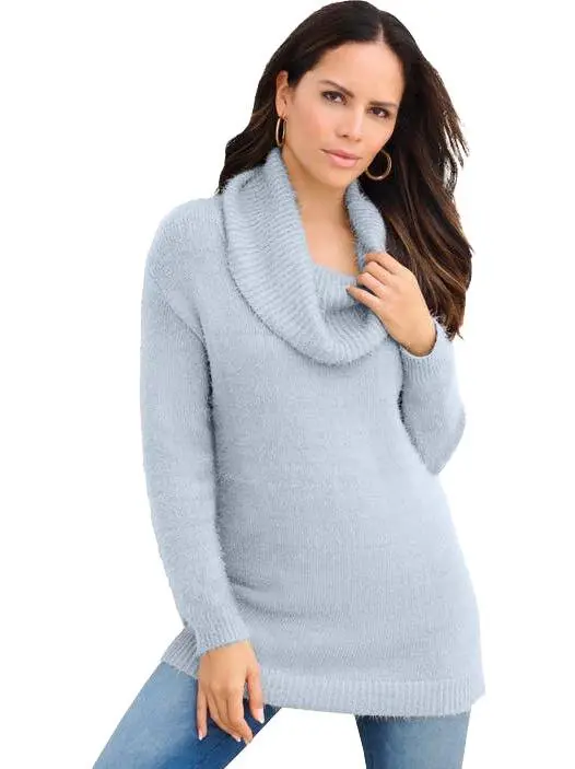 ROAMAN'S Eyelash Cowl Neck Sweater - Pearl Grey