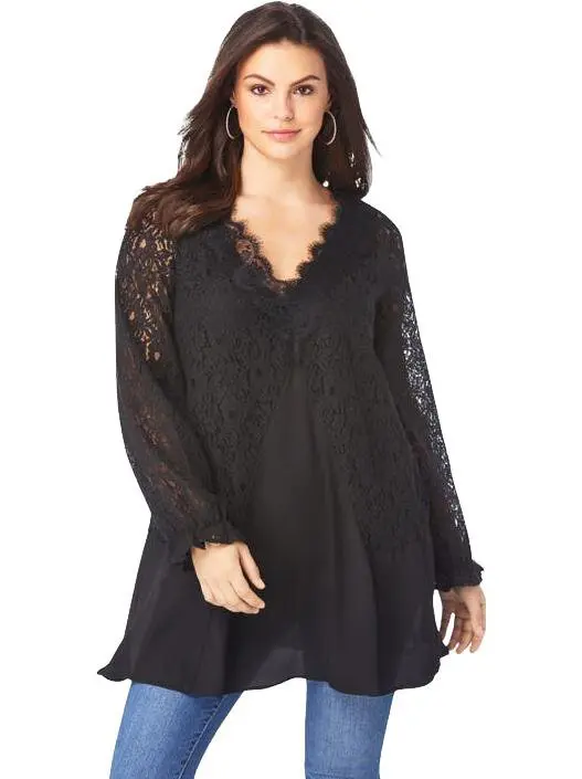ROAMAN'S Lace & Georgette Swing Tunic - Black