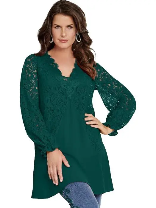 ROAMAN'S Lace & Georgette Swing Tunic - Emerald Green