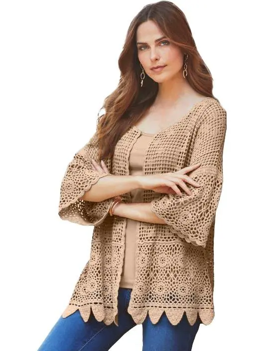 ROAMAN'S Scallop Trim Crochet Cardigan - New Khaki
