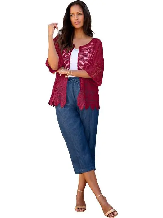 ROAMAN'S Scallop Trim Crochet Cardigan - Rich Burgundy