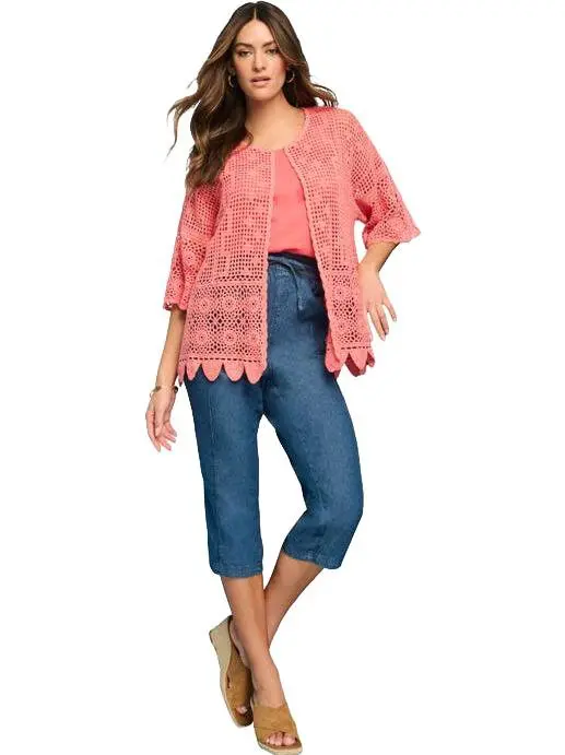 ROAMAN'S Scallop Trim Crochet Cardigan - Sunset Coral