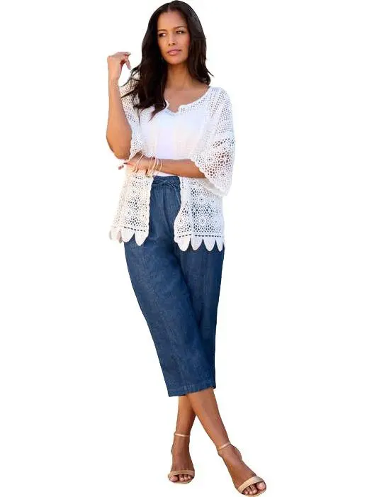 ROAMAN'S Scallop Trim Crochet Cardigan - White