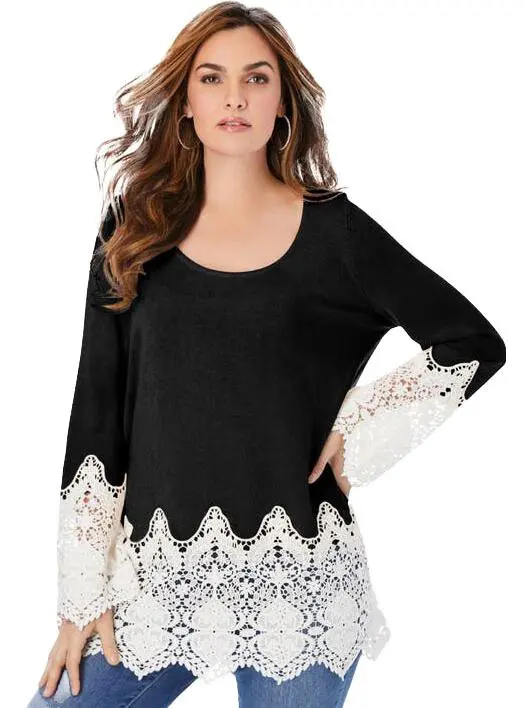 ROAMAN'S Fine Gauge Lace Pullover Sweater - Black