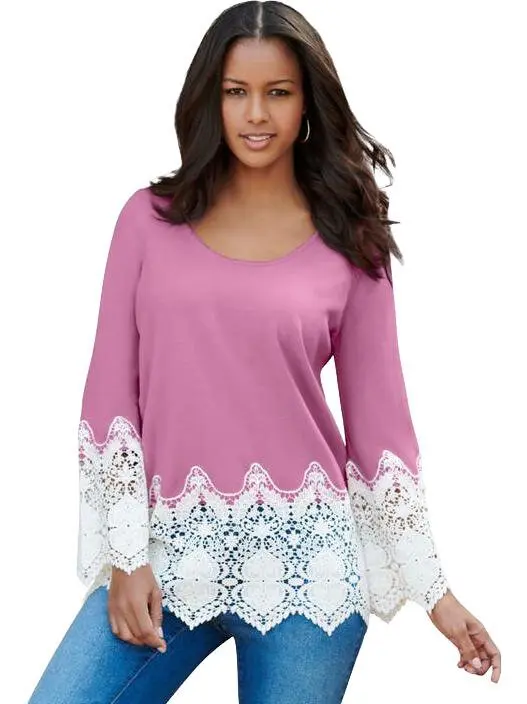 ROAMAN'S Fine Gauge Lace Pullover Sweater - Mauve Orchid
