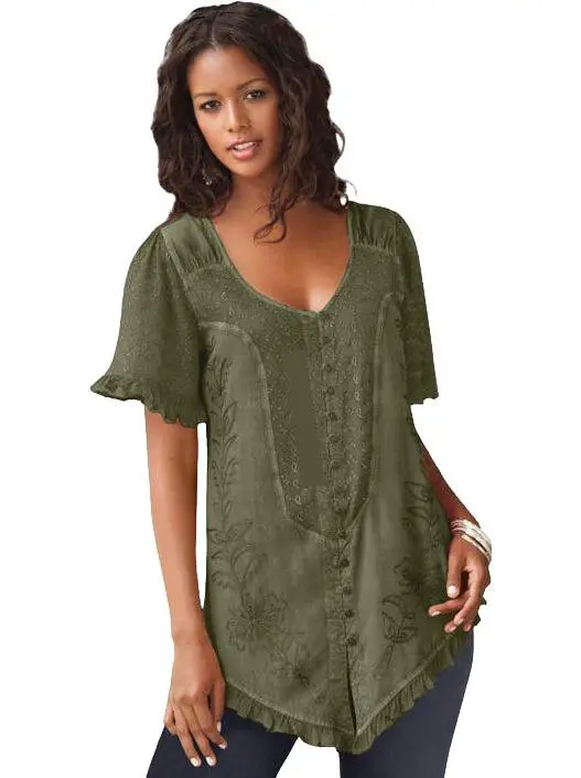 ROAMAN'S Acid Wash Tunic - Dark Olive Green