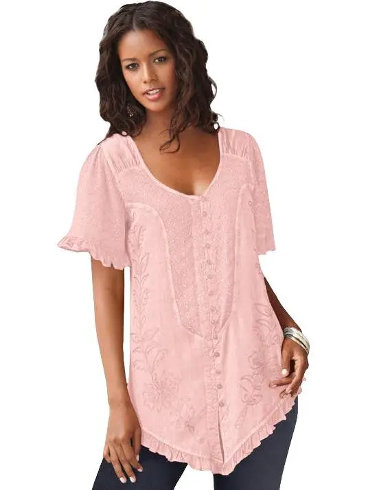 ROAMAN'S Acid Wash Tunic - Vibrant Rose