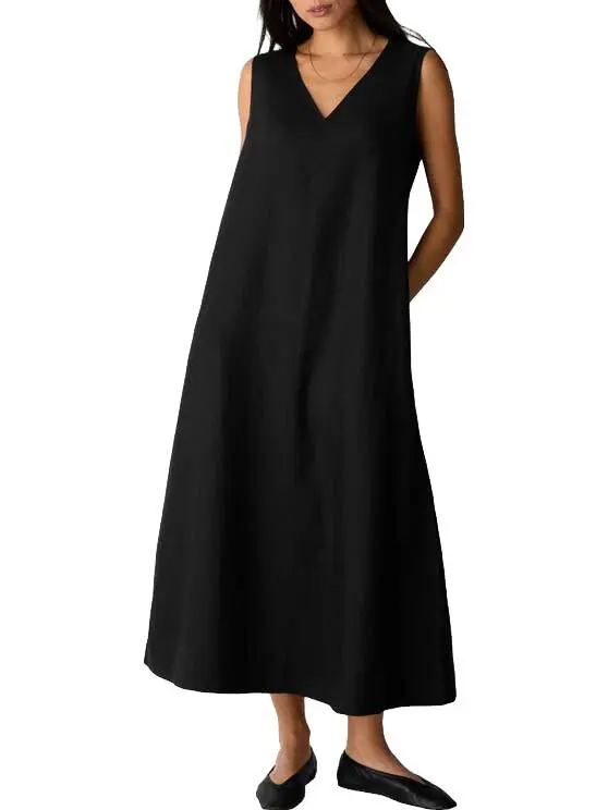 Eileen Fisher Sleeveless Linen Midi Shift Dress - Black
