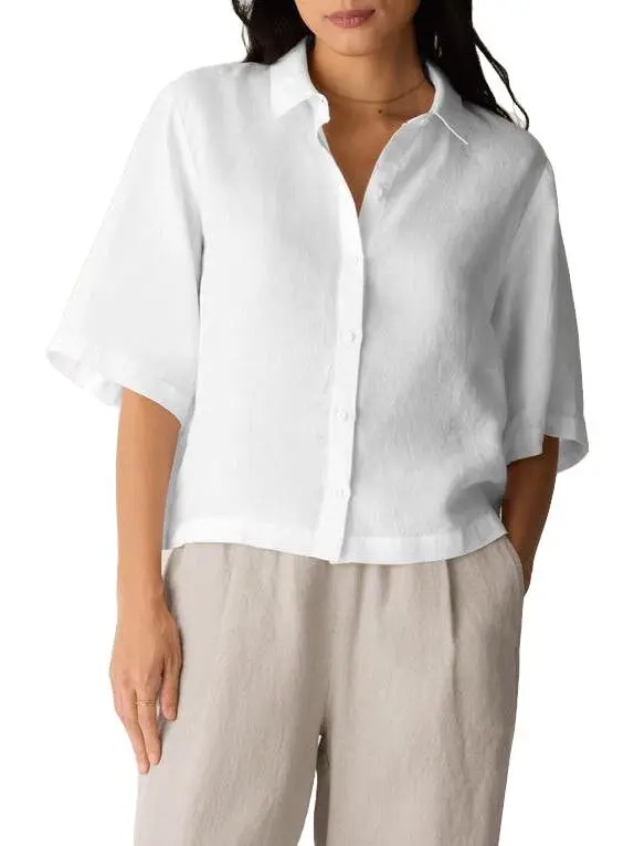 Eileen Fisher Organic Linen Button-up Shirt With Elbow Sleeves - White
