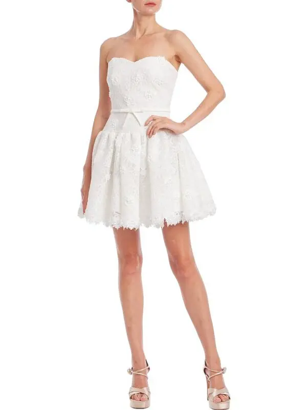 Badgley Mischka Beaded Floral Appliqué Strapless Mini Dress - Light Ivory