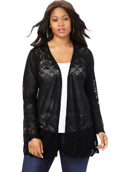Roaman's Bell Sleeve Pointelle Cardigan With Scalloped Trim - Black
