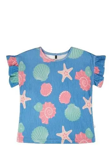 DEUX PAR DEUX Crinkle Jersey Flutter Sleeves Shell T-shirt - Blue Seashell Print