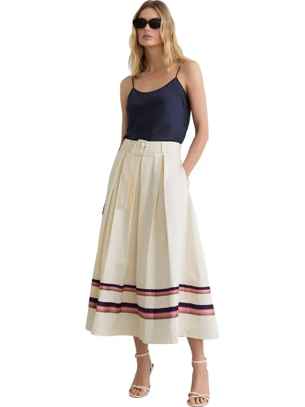 REISS Cotton Stripe-detail Belted Midi Skirt - Cream
