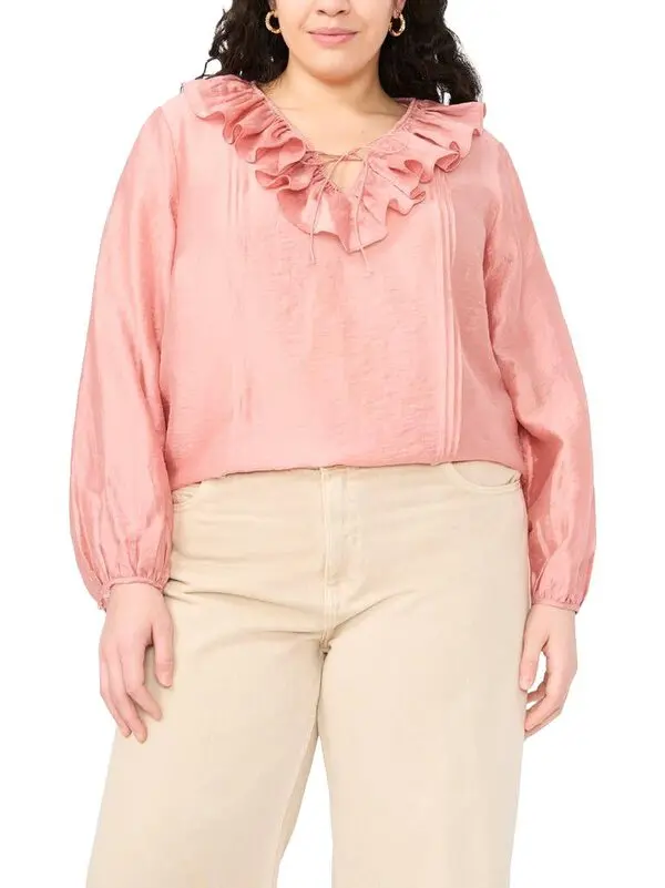 Vince Camuto Ruffle Neck Pintuck Crinkle Satin Top - Coral Dusk