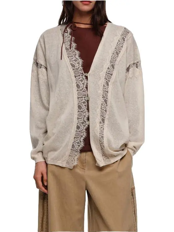 Bimba Y Lola Long Cotton And Linen Cardigan With Lace Trim - Sand