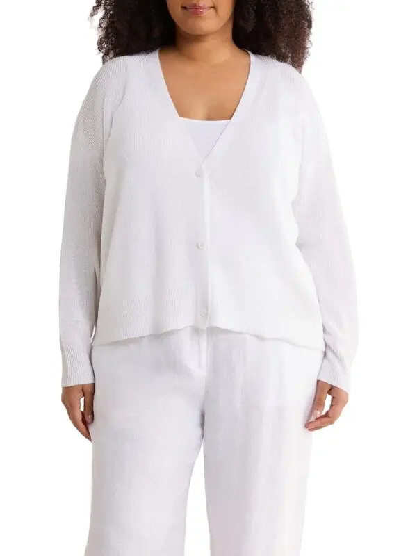 Eileen Fisher V-neck Organic Linen & Organic Cotton Cardigan - White