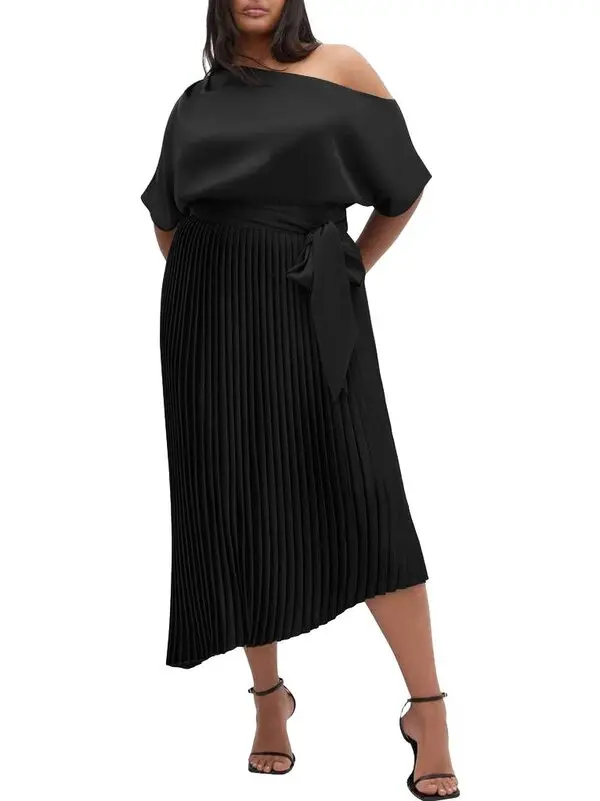 City Chic Payton Pleated One-shoulder Maxi Dress - Black
